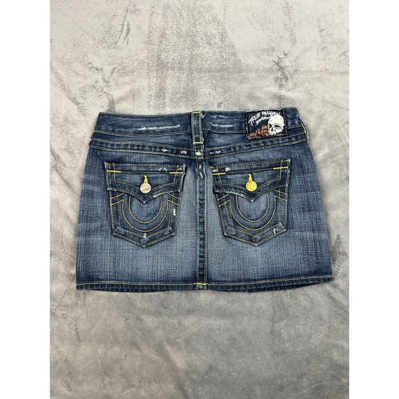 True Religion | Skirts | True Religion Skull Patch Denim Mini Skirt Sz ...